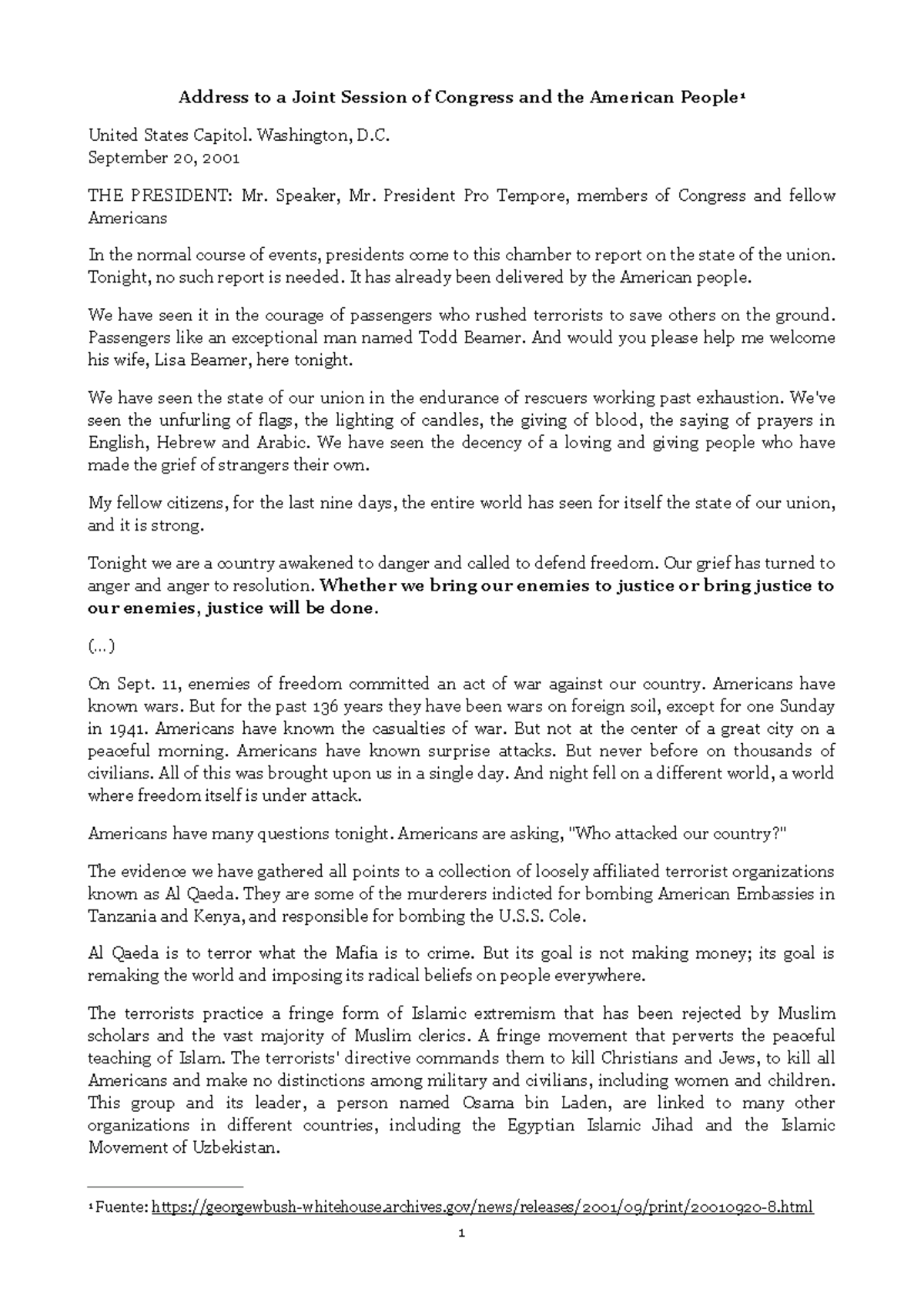 Discurso de George W. Bush al Congreso - Septiembre 2001 - Studocu