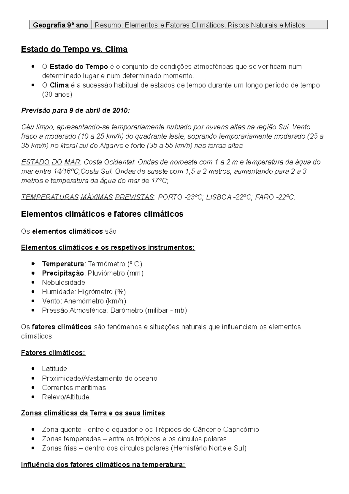 Ficha de Geografia 7.º Ano: Estado do Tempo e Clima - Studocu