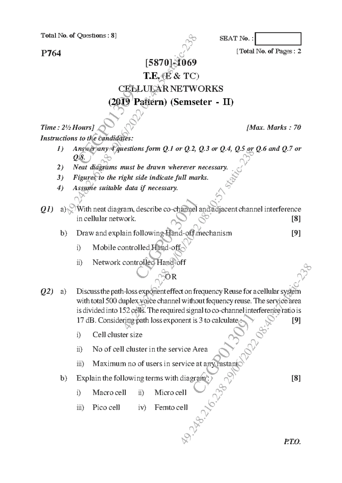 SEAT No. 23: Cellular Networks Exam Paper (C 8.2 E 16.23) - May/Jun ...