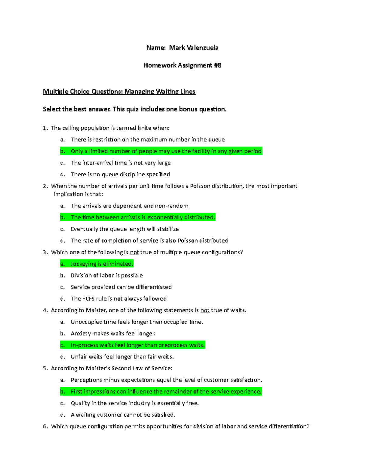 QSO 310 Module 8 Homework: Managing Waiting Lines Quiz - Studocu