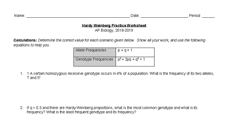 AP Biology Hardy-Weinberg Practice Worksheet - Studocu