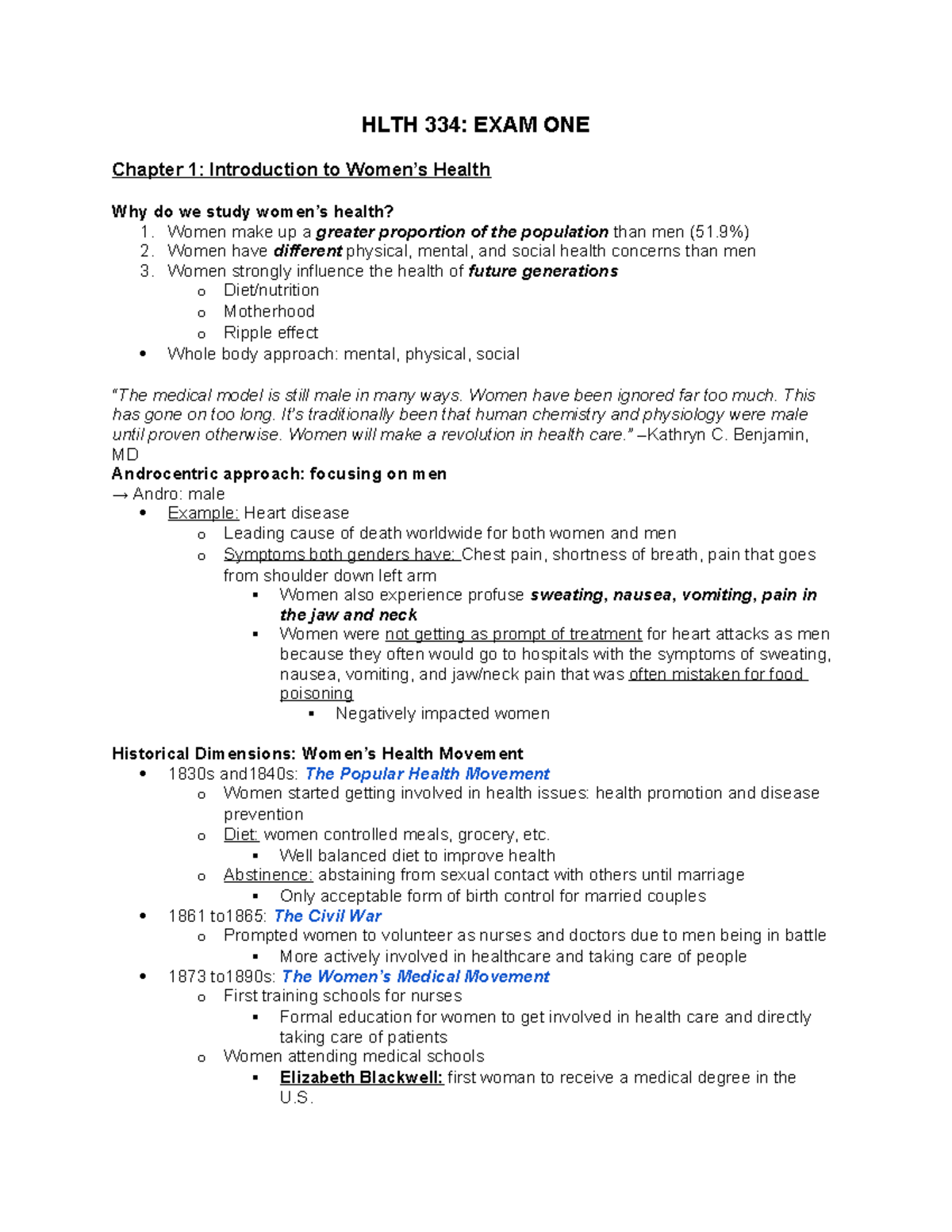 HLTH 334 - Exam 1 Review: Key Topics in Women's Health and Rights - Studocu