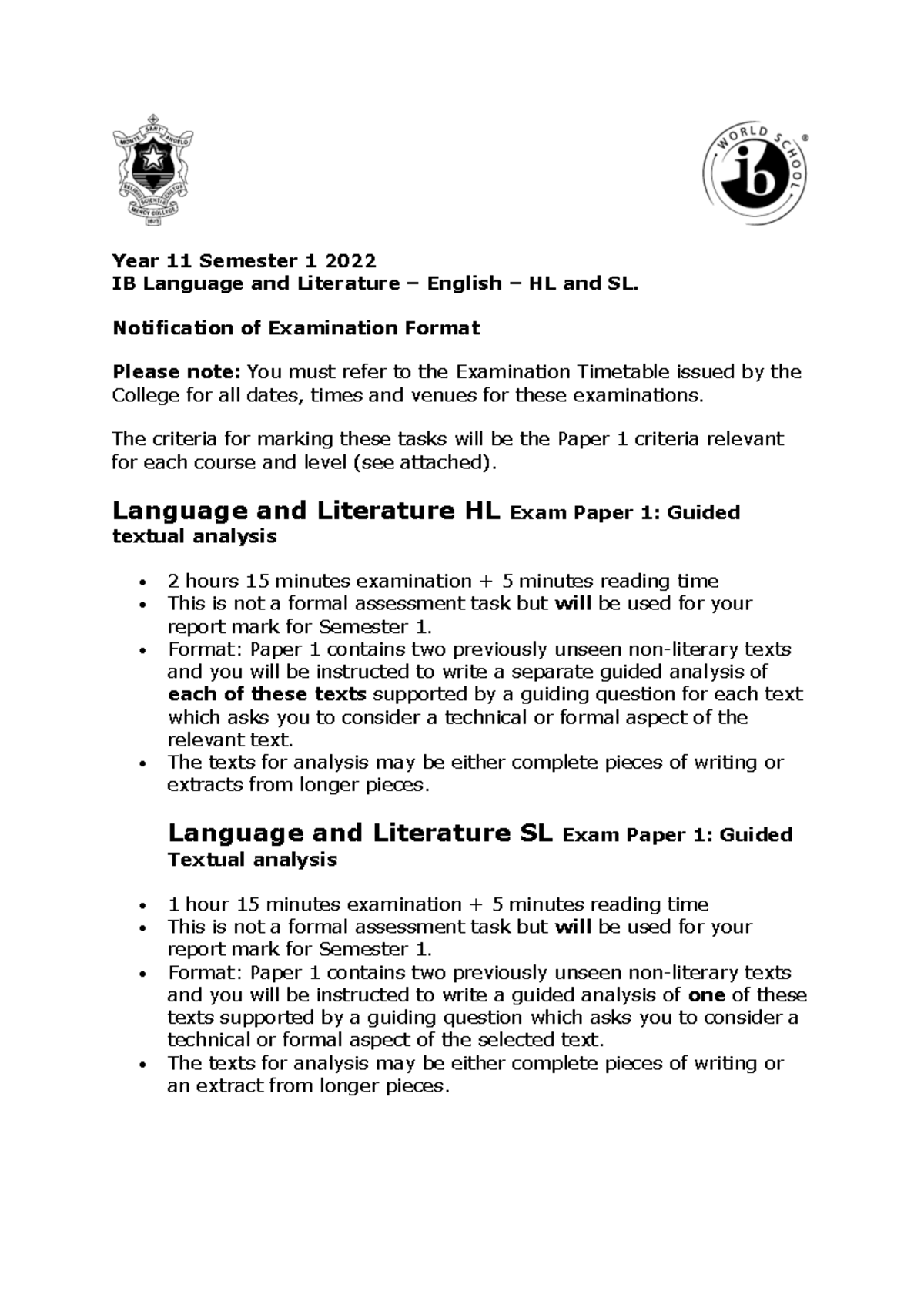 Year 11 IB Language & Literature HL/SL Half Yearly Exam Paper 1 Guide ...
