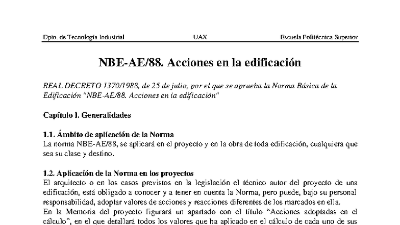 NBE-AE-88: Acciones en la Edificación - Norma Básica de Edificación - Studocu