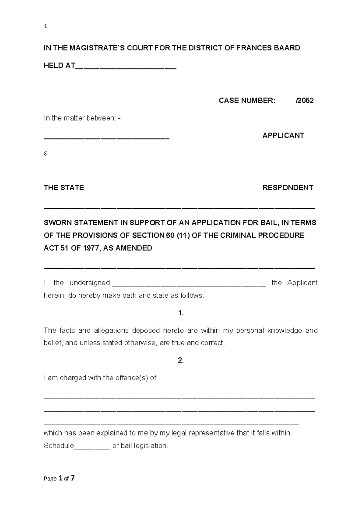 Schedule 5 Bail Affidavit: Applicant's Sworn Statement for Court - Studocu