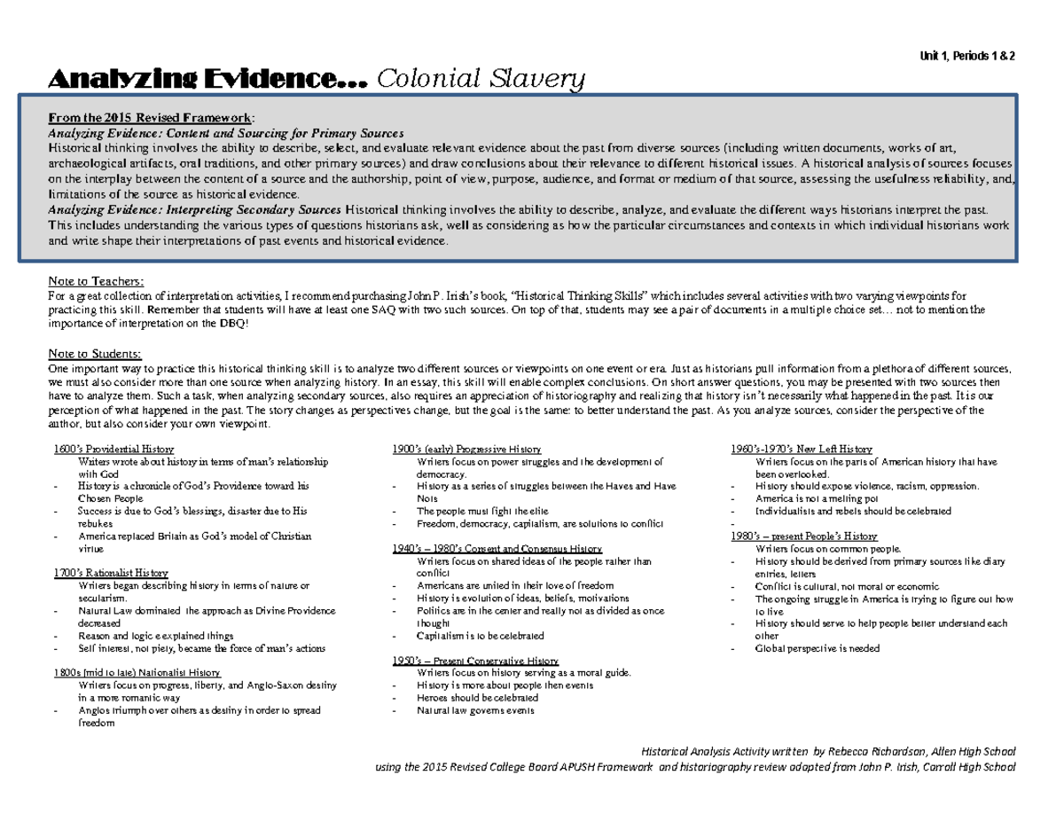 Colonial slavery - review - Unit 1, Periods 1 & 2 Historical Analysis ...