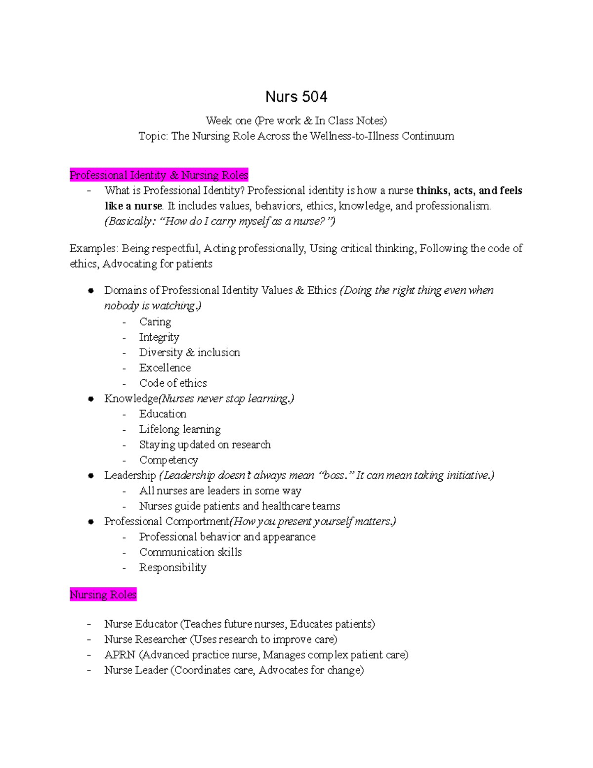 Nurs 504 Week 1: Professional Identity & Nursing Roles Overview - Studocu