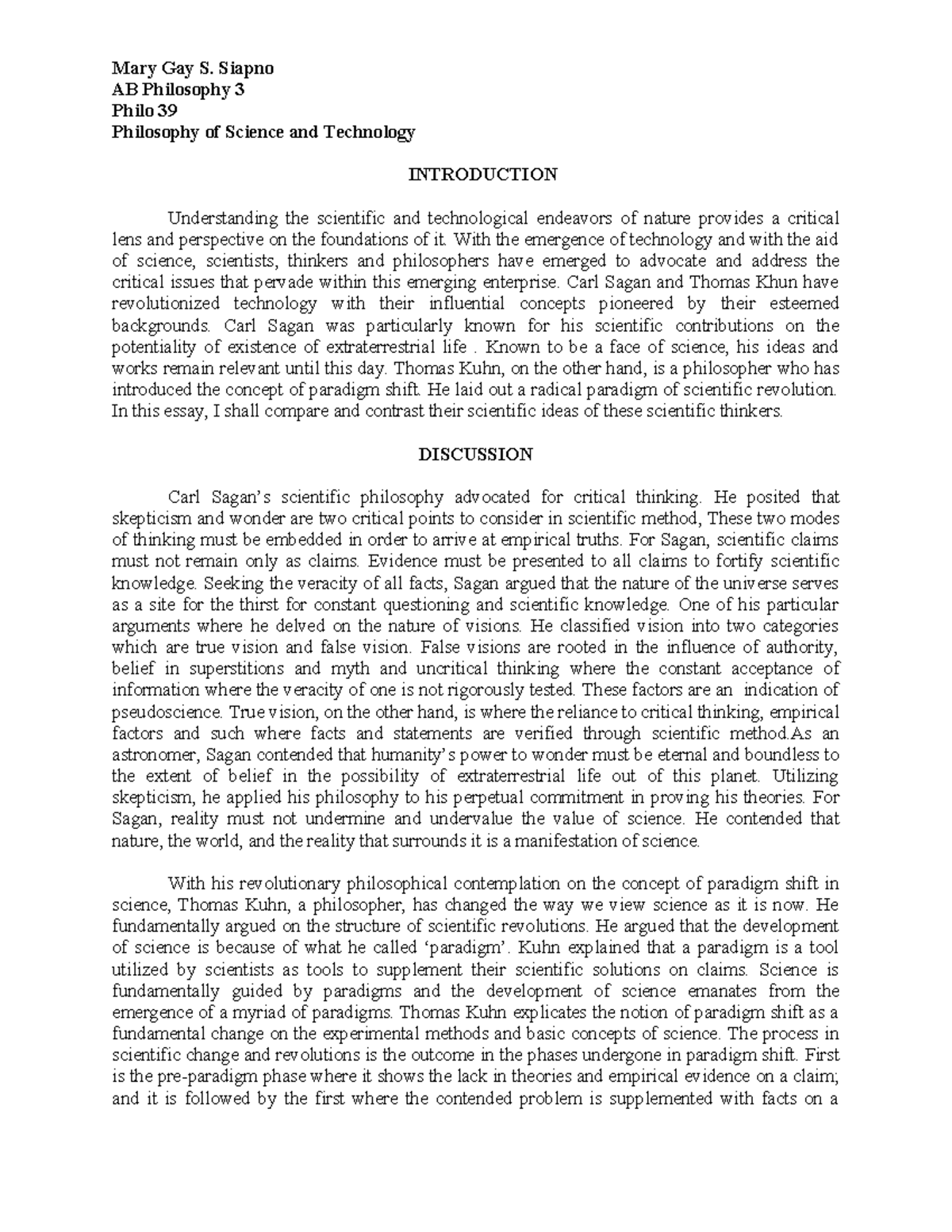 PST PHILO 39 Final Term Paper: Comparison of Sagan and Kuhn - Studocu
