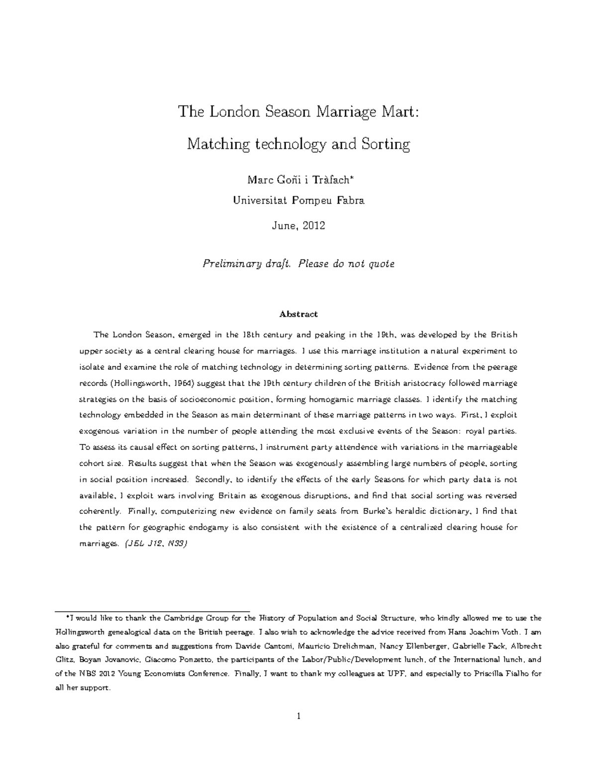 The London Season as a Marriage Market: Sorting Patterns and Impacts ...