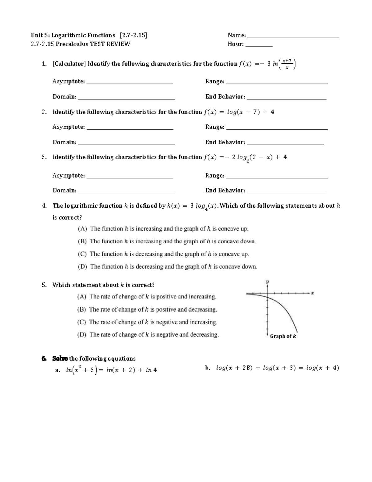 Unit 5: Logarithmic Precalculus TEST (2.7-2) - Characteristics ...