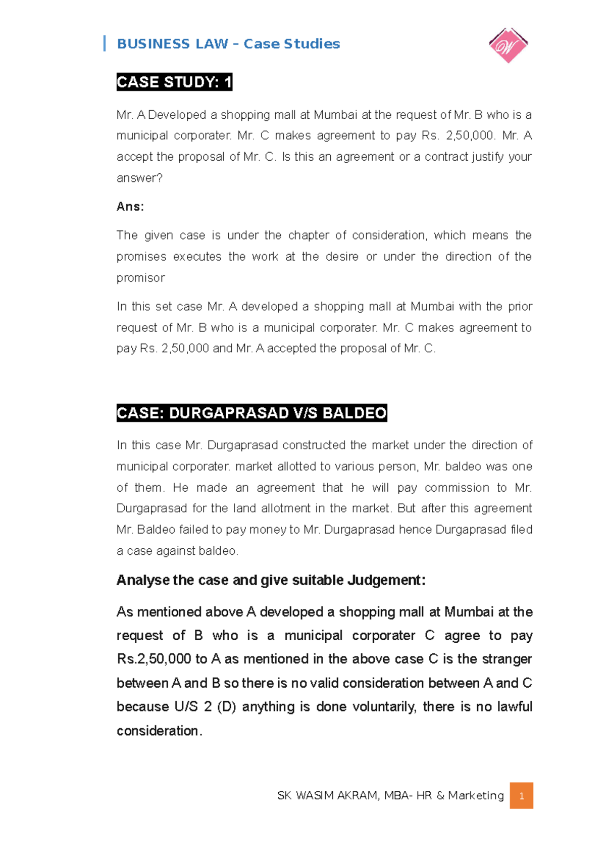 Business LAW - Case Studies on Contractual Considerations - Studocu