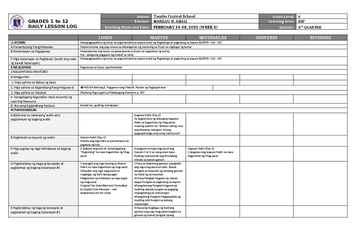 DLL ESP 5 Q4 W3 - Copy - DAILY LESSON LOG - GRADES 1 to 12 DAILY LESSON LOG School: Tambo ...