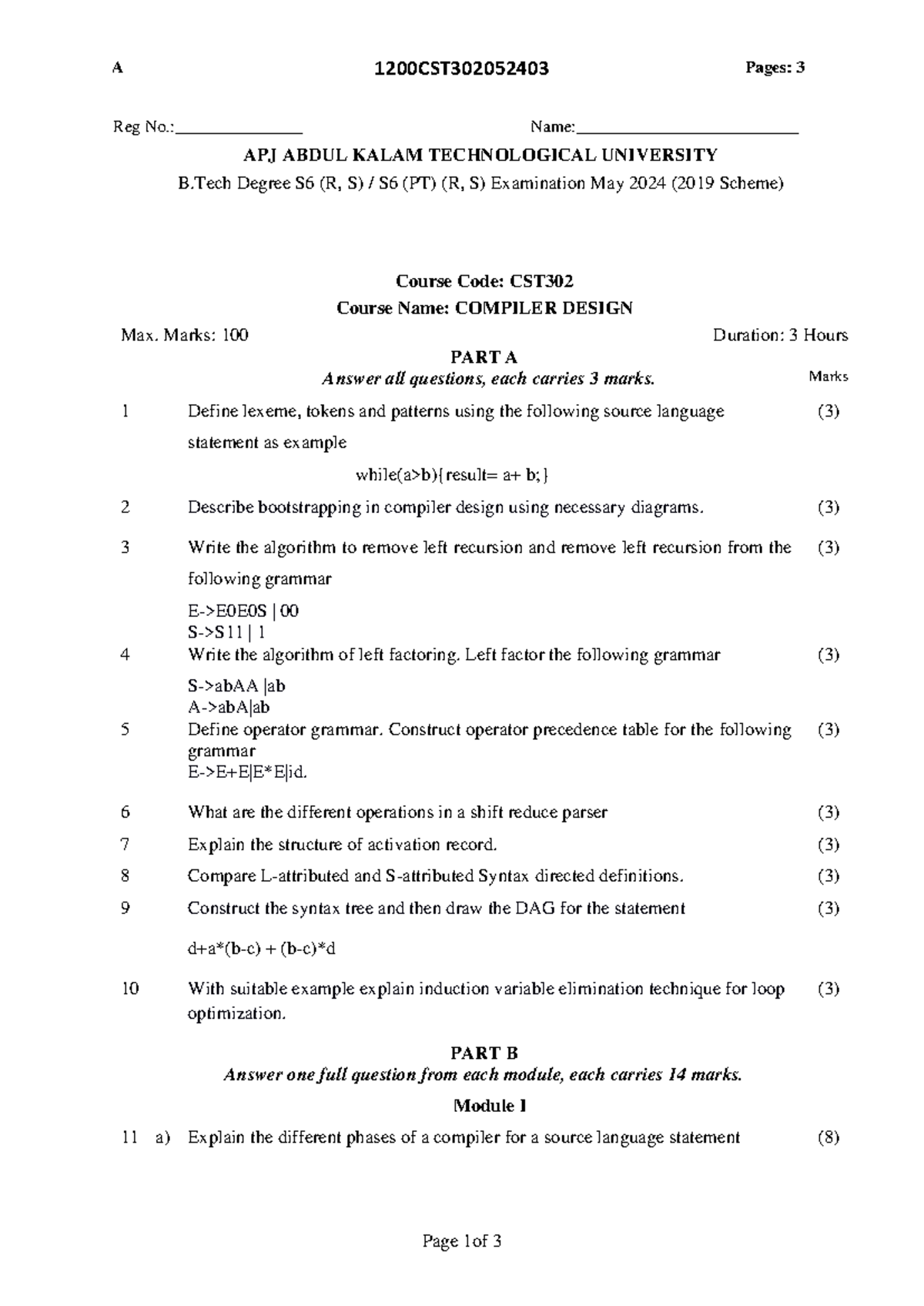 CST302 Compiler Design May 2024 Exam Question Paper - Studocu