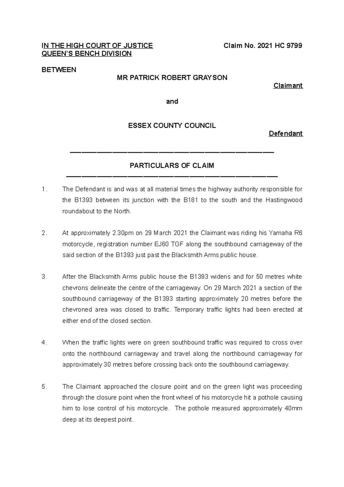 Particulars of Claim Example for Claim No. 2021 HC 9799 - Studocu