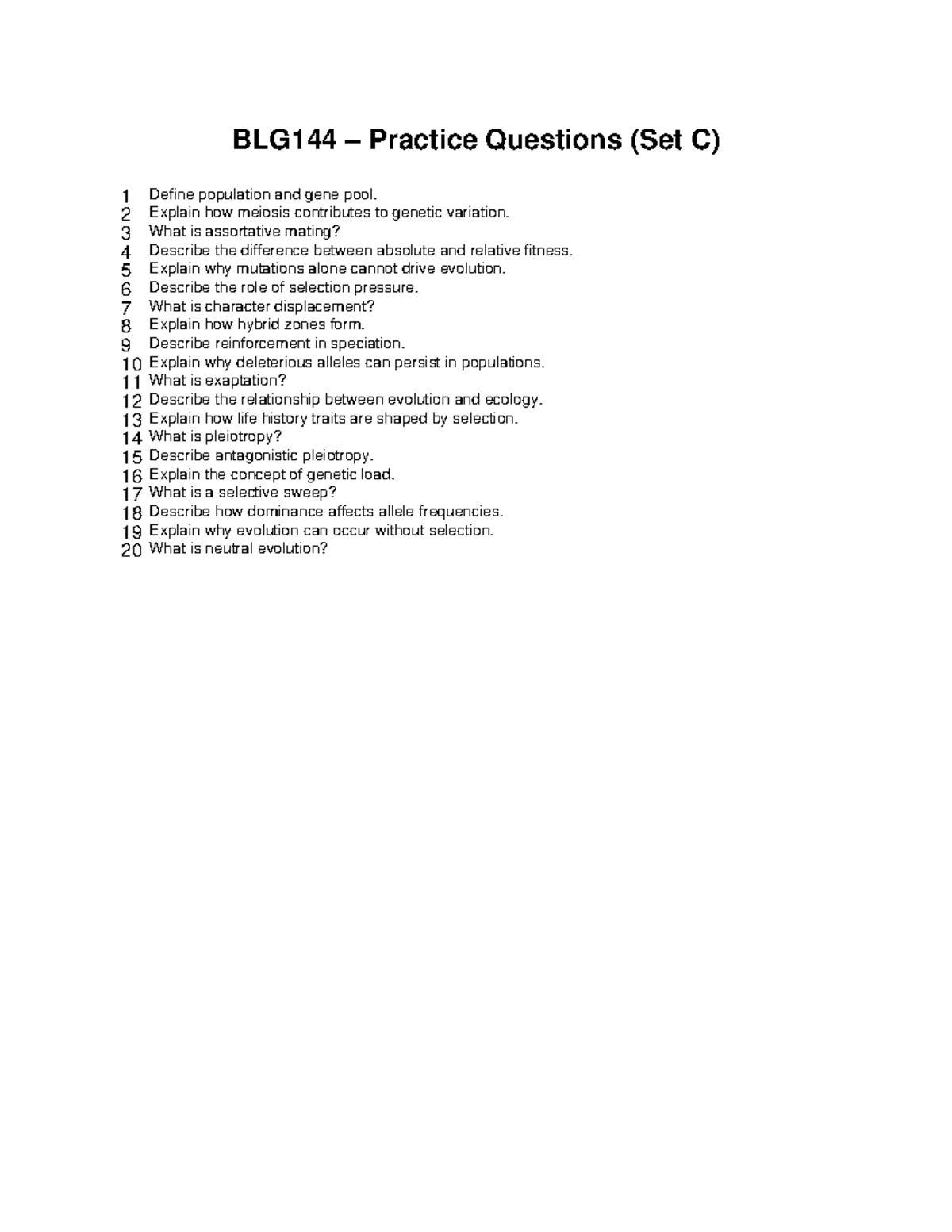 BLG144 Practice Questions Set C: Evolution & Genetics Concepts - Studocu
