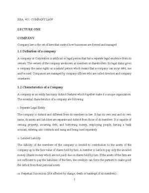 Company LAW Notes - COMPANY LAW - LECTURE NOTES I. INTRODUCTION TO ...