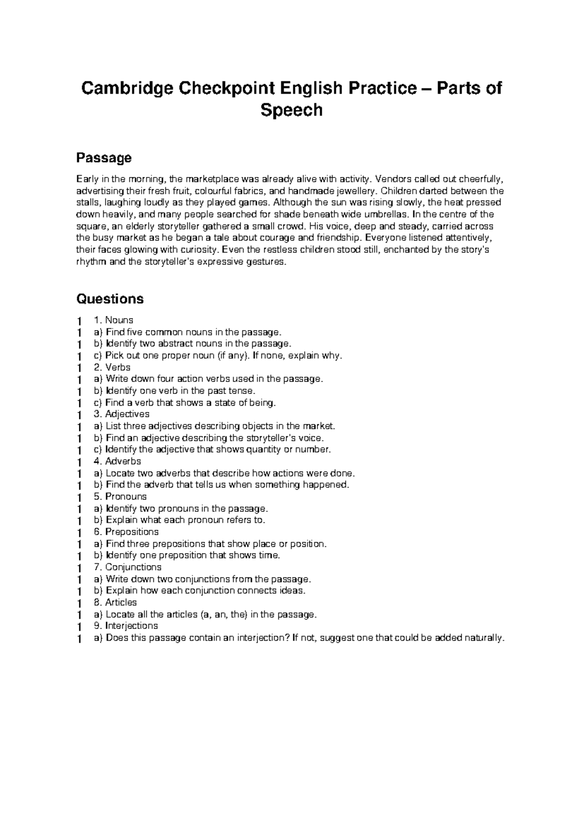 Cambridge Checkpoint English: Parts of Speech Practice Guide - Studocu