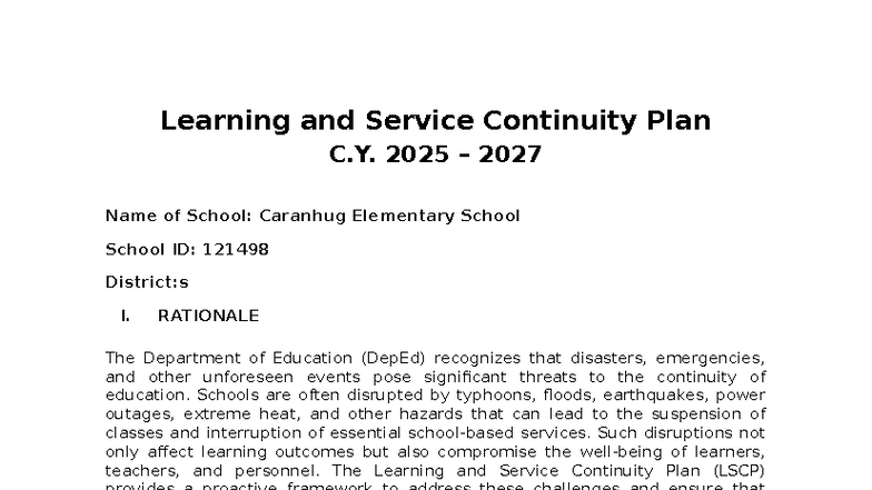 Learning and Service Continuity Plan (LSCP) 2025-2027 for Caranhug ...