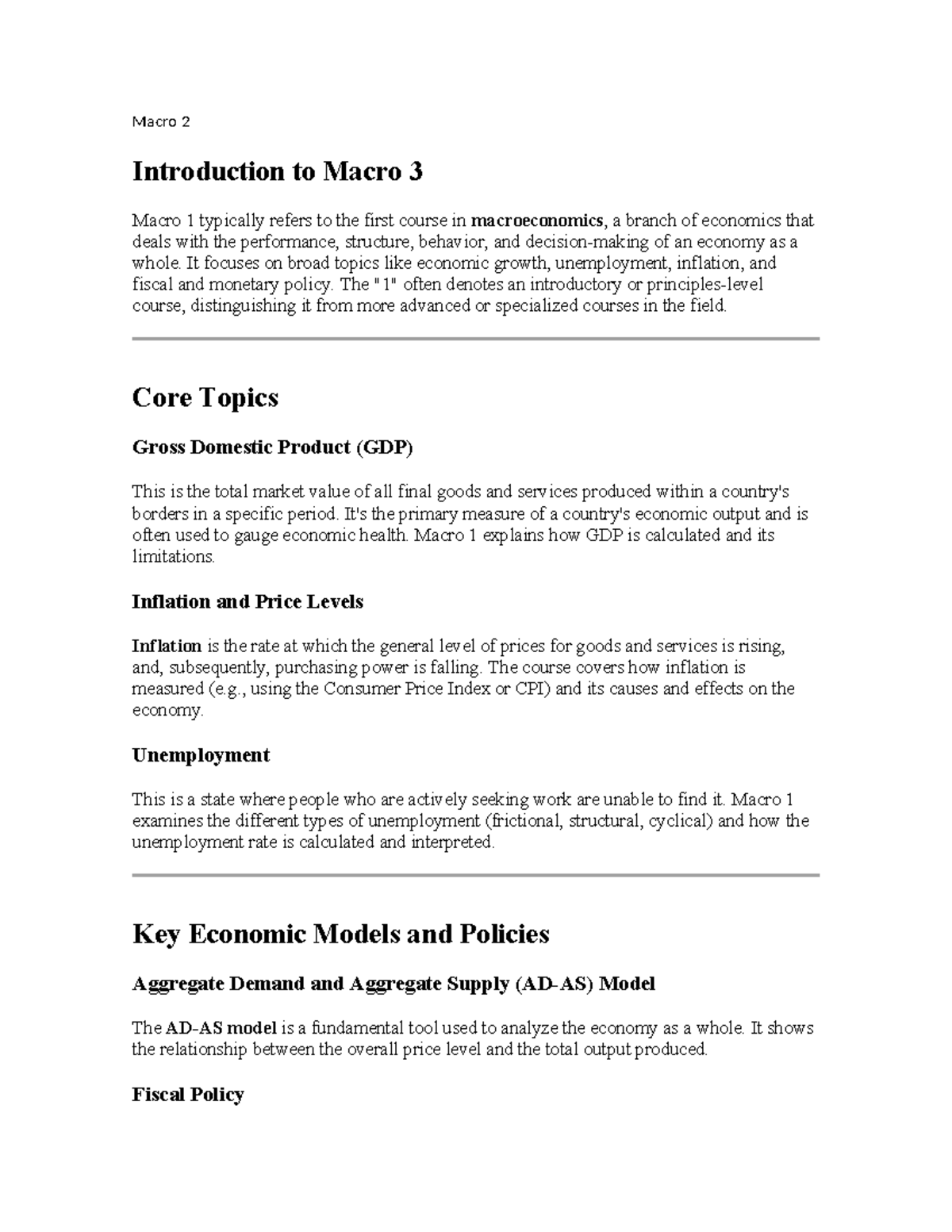 Macro 1: Intro to Macroeconomics Concepts and Key Topics - Studocu