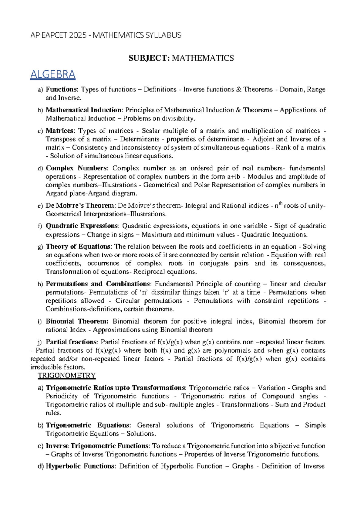 AP EAPCET 2025 Engineering Syllabus: Mathematics, Physics, and ...