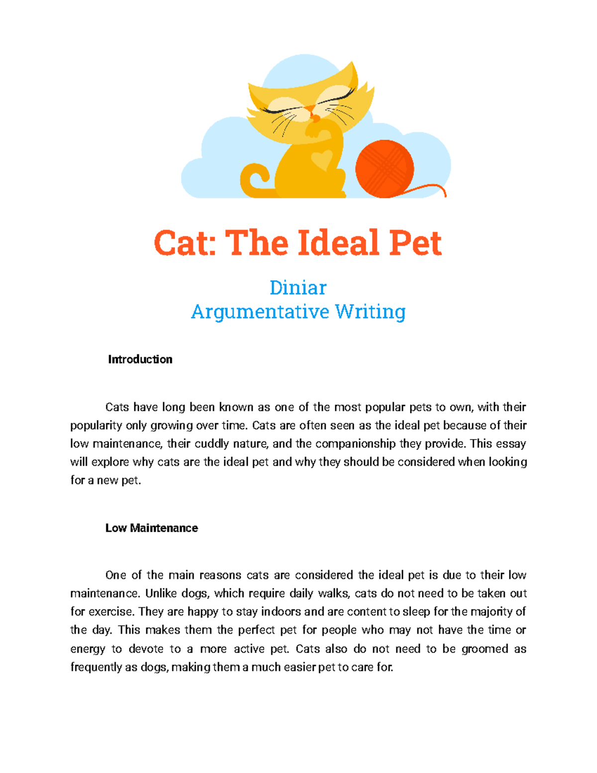 Argumentative Essay: Why Cats (Cat) Are the Ideal Pet - Studocu