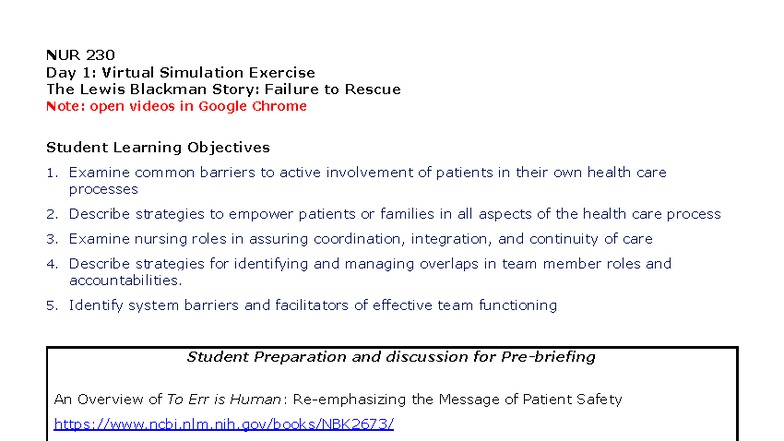 NUR 230 Virtual Simulation Exercise: The Lewis Blackman Story - Studocu