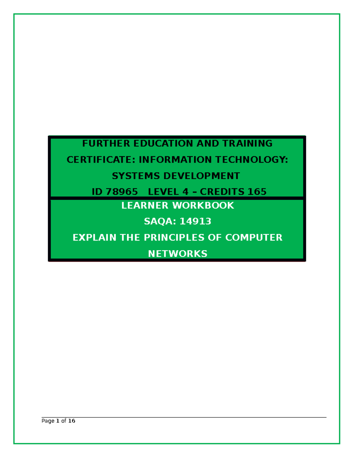 SAQA 14913: Workbook on Computer Networks Principles - Level 4 - Studocu