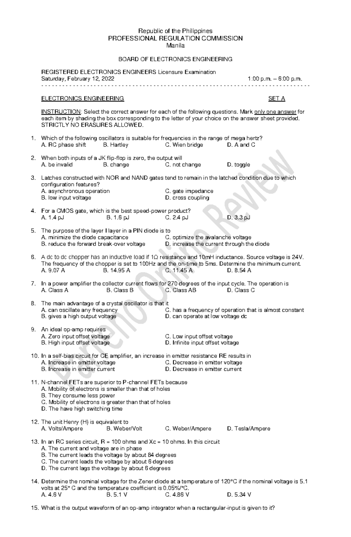 ECE Mock Board Exam - April 2022: Electronics Engineering - Studocu
