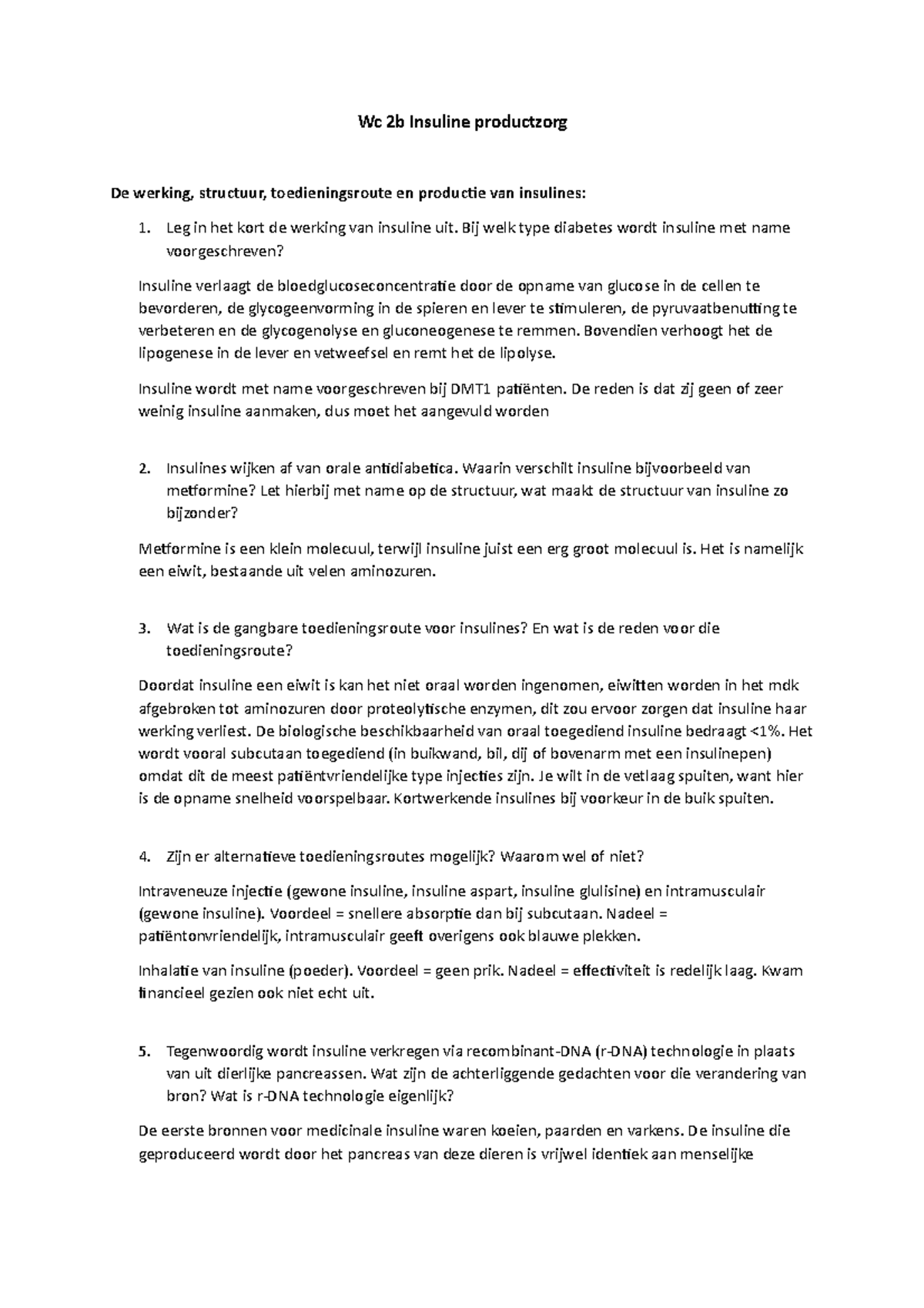 Wc2B - Insuline Productzorg: Structuur, Werking en Toediening - Studeersnel