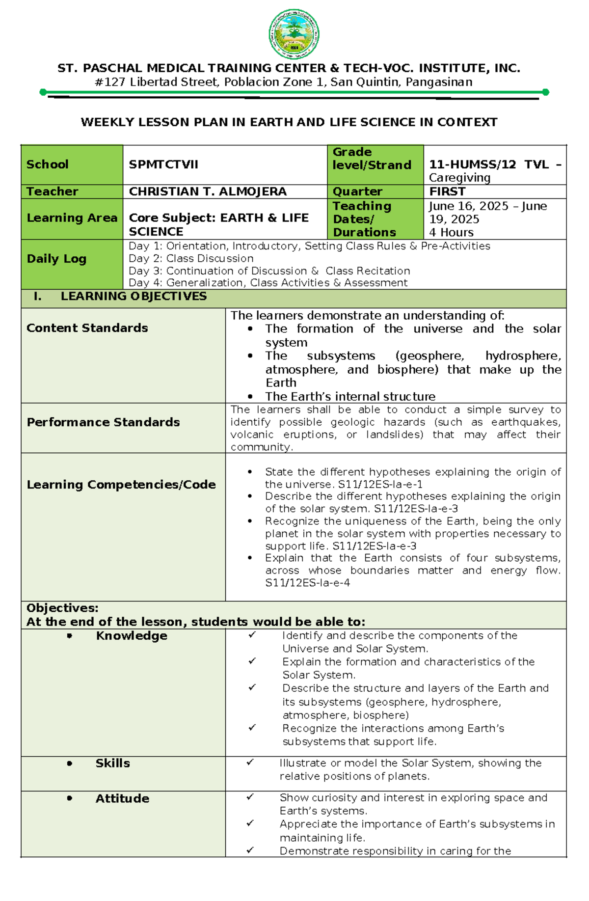 Earth & Life Science 11: Weekly Lesson Plan Overview - Studocu