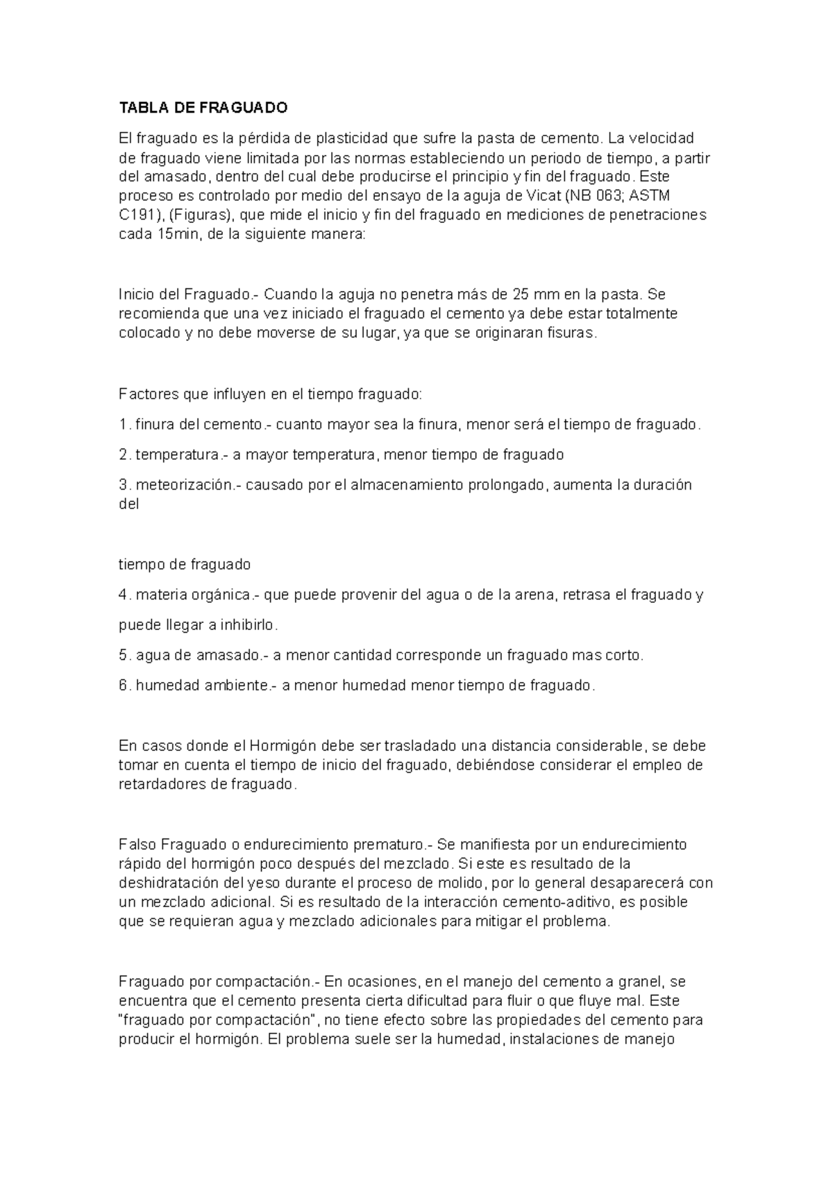 Tabla de Fraguado y Curado del Cemento en Construcción - Studocu