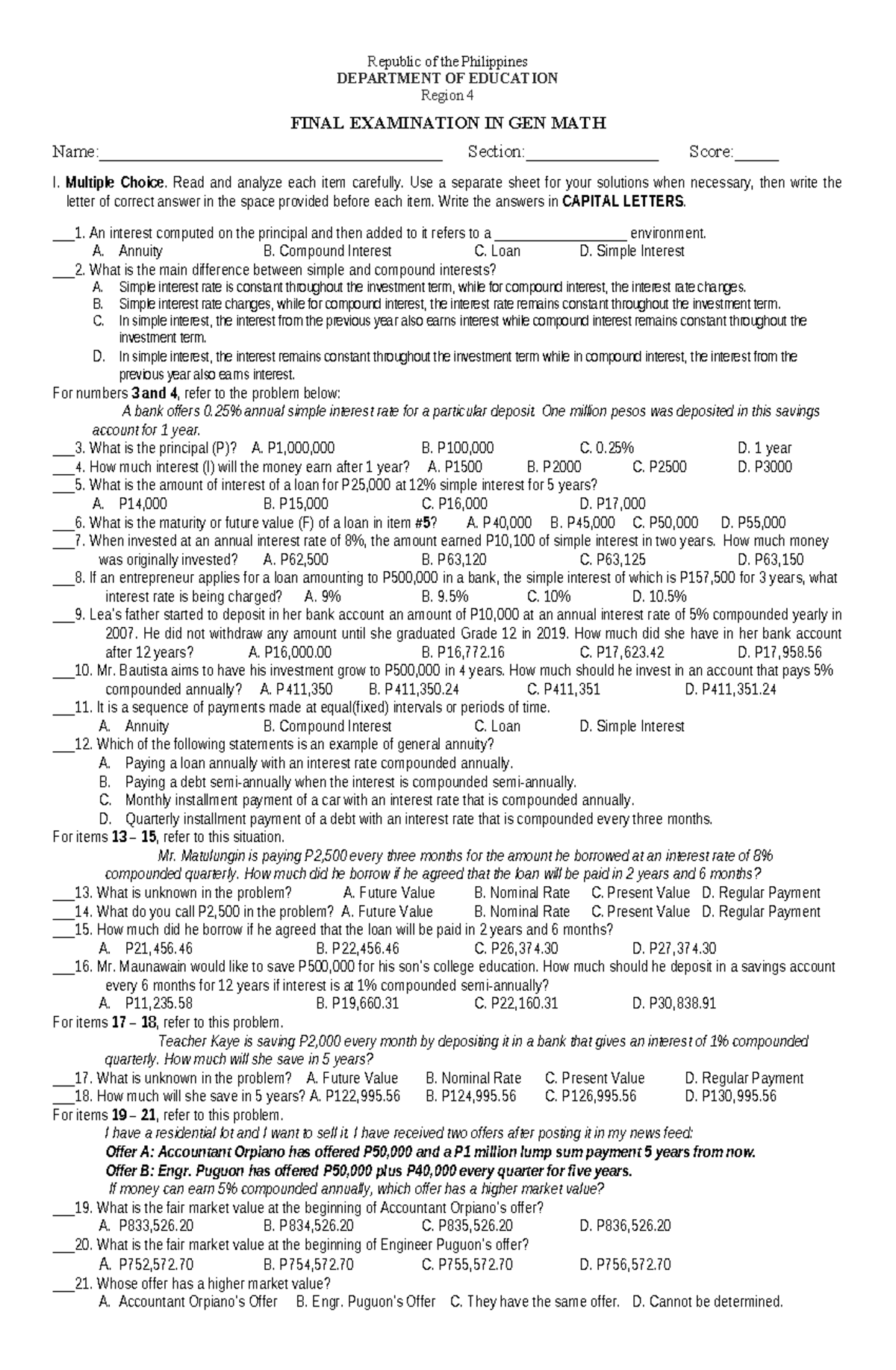 Final Exam General Mathematics Grade 11 SHS - Republic of the ...