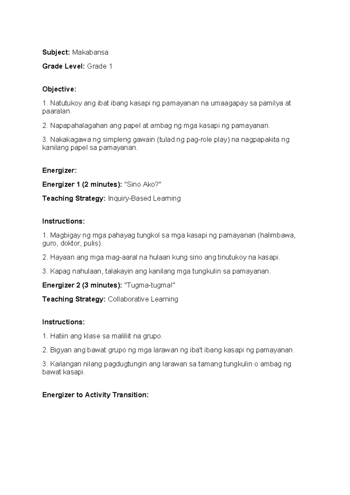 Lesson Plan: Makabansa for Grade 1 - Community Roles and Contributions ...