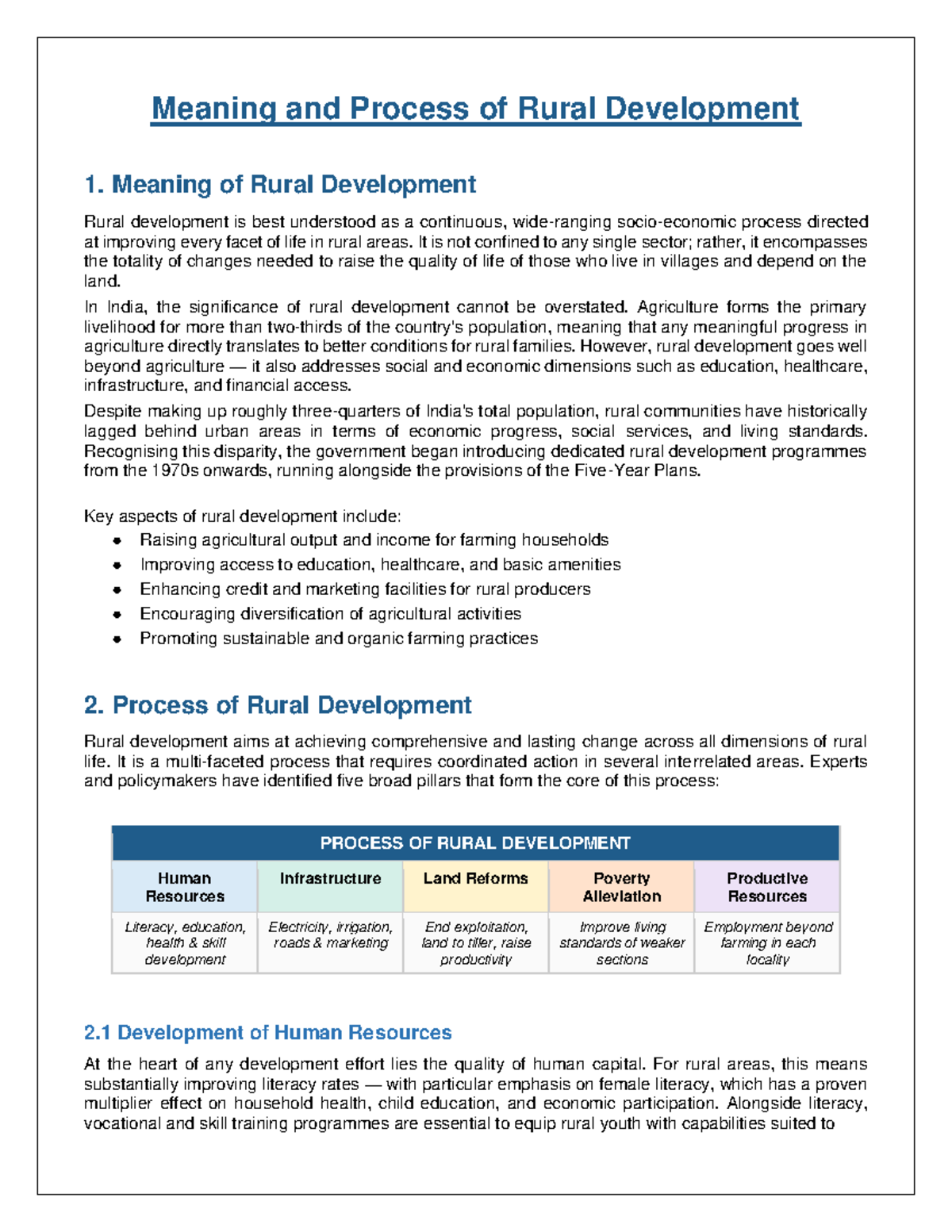Rural Development: Meaning & Process - ECO 101 Notes - Studocu