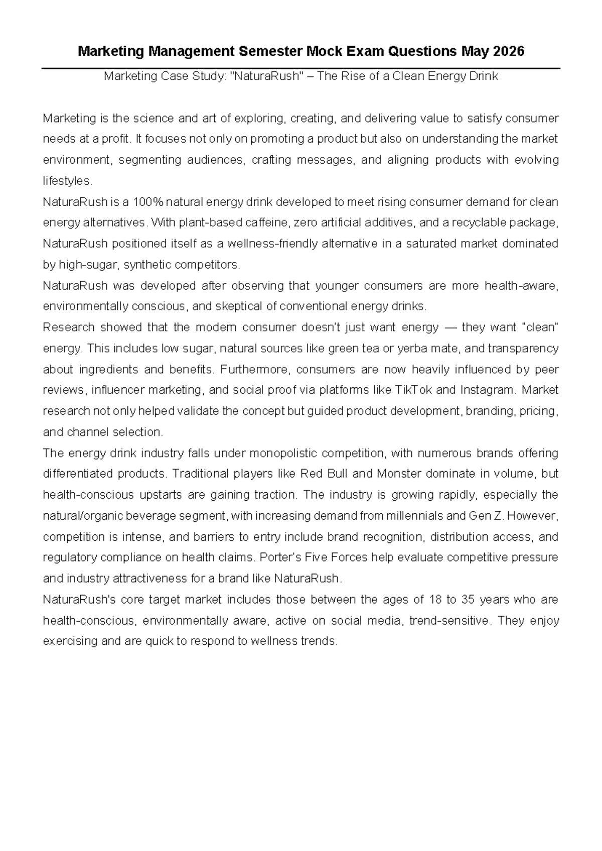 Marketing Management Mock Exam Questions: NaturaRush Case Study - Studocu