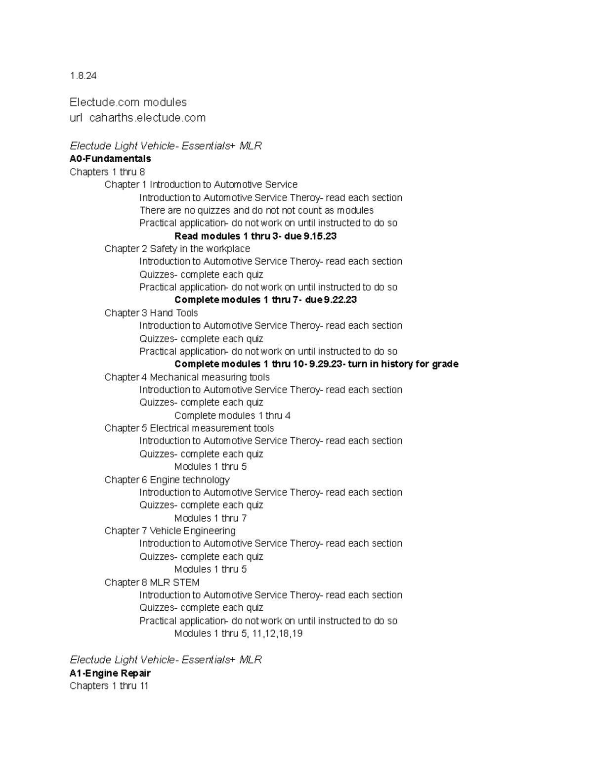Electude Light Vehicle Modules 1-8 Overview and Key Dates - Studocu