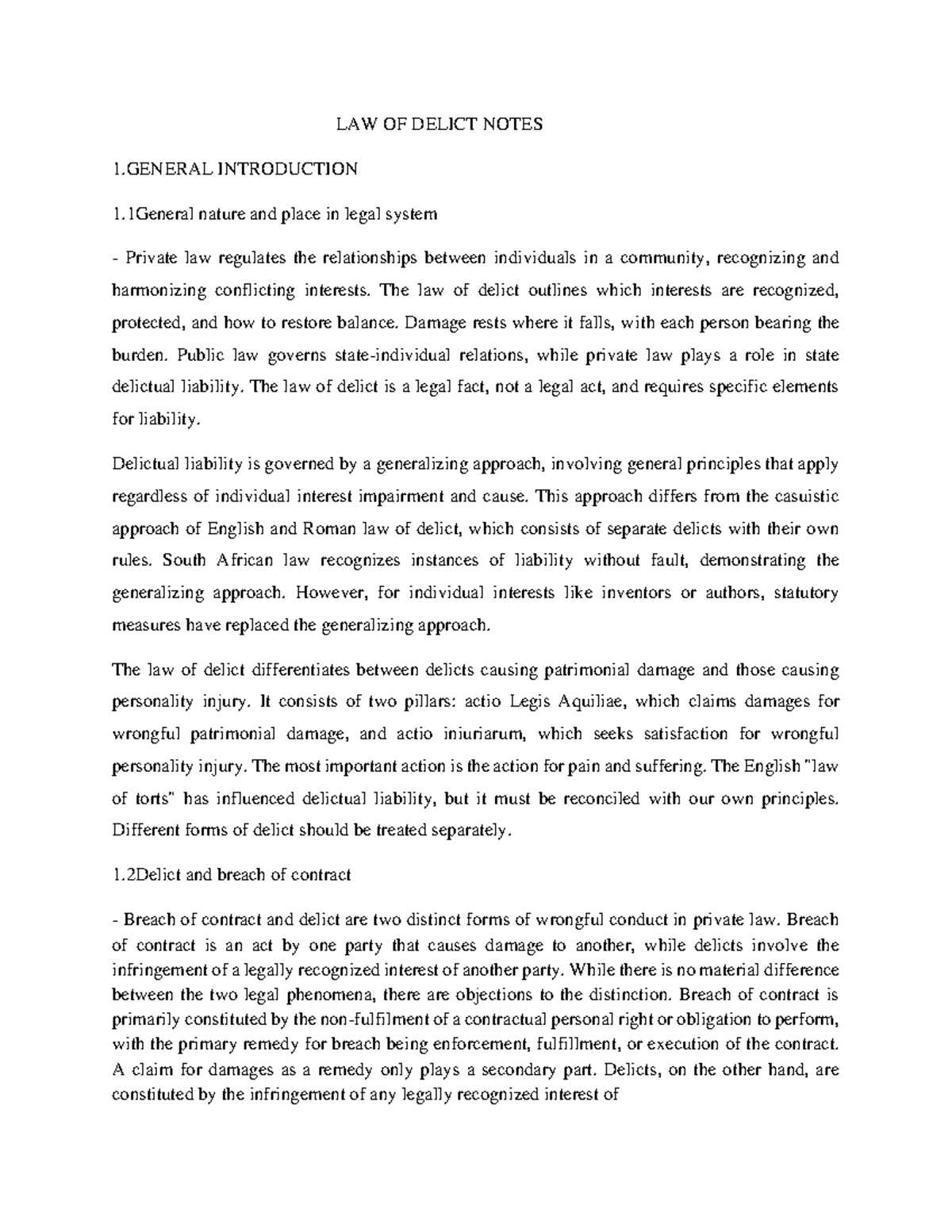 LAW OF DELICT (LAW 203): Comprehensive Study Notes and Analysis - Studocu