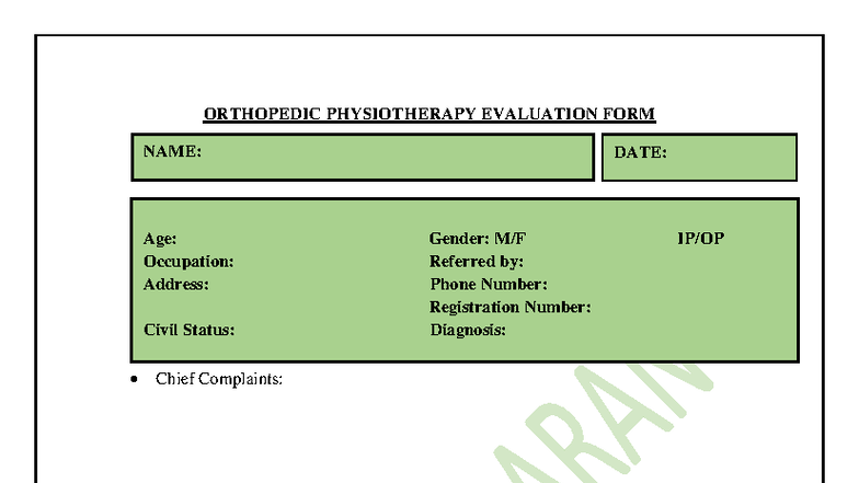 Orthopedic Physiotherapy Evaluation Form WM: Comprehensive Assessment ...