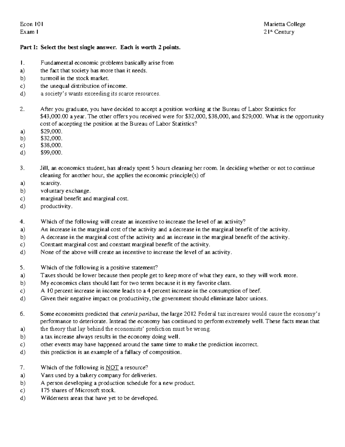 Econ 101 Sample Exam 1 - Practice Questions and Answers - Studocu