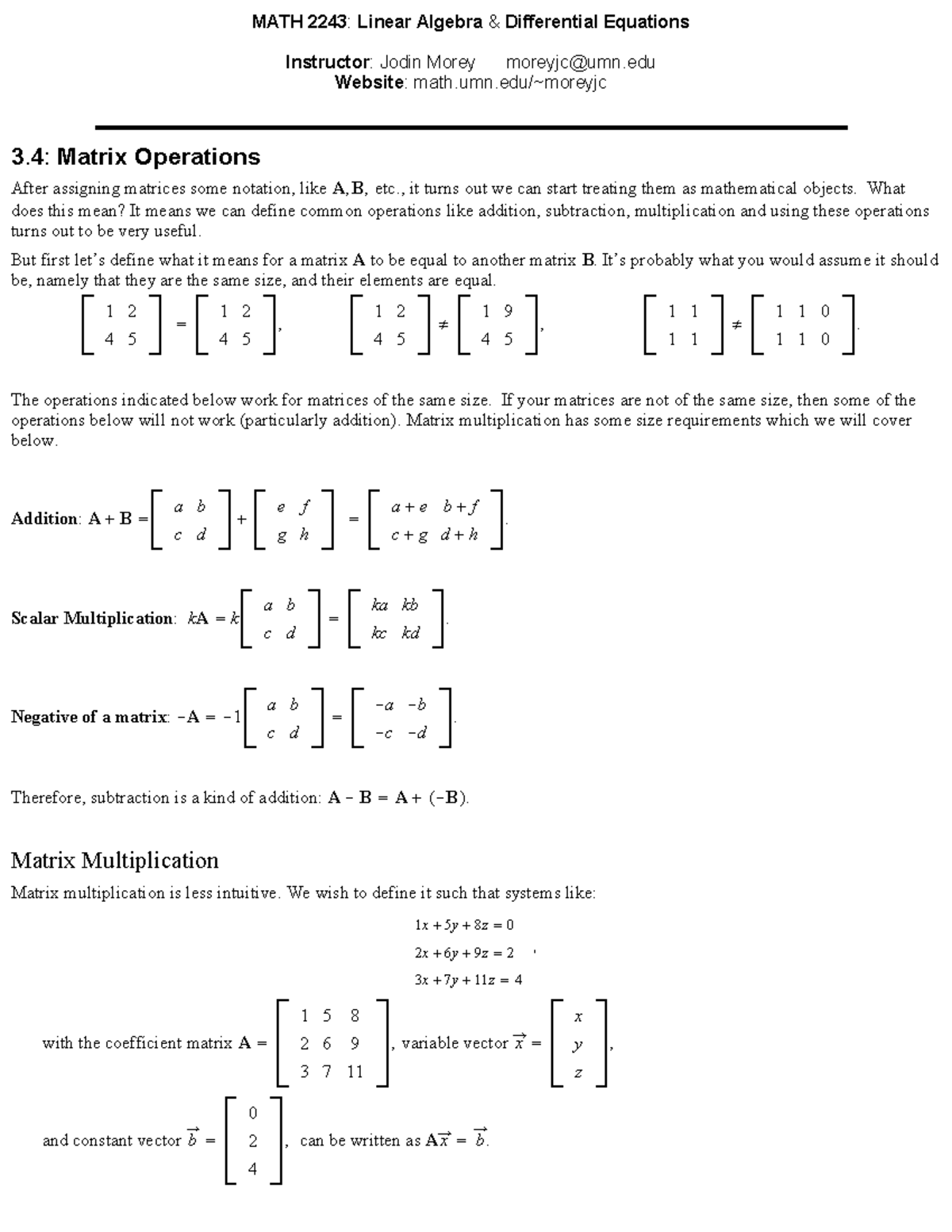 3 4 Matrix Operations - MATH 2243: Linear Algebra & Differential ...