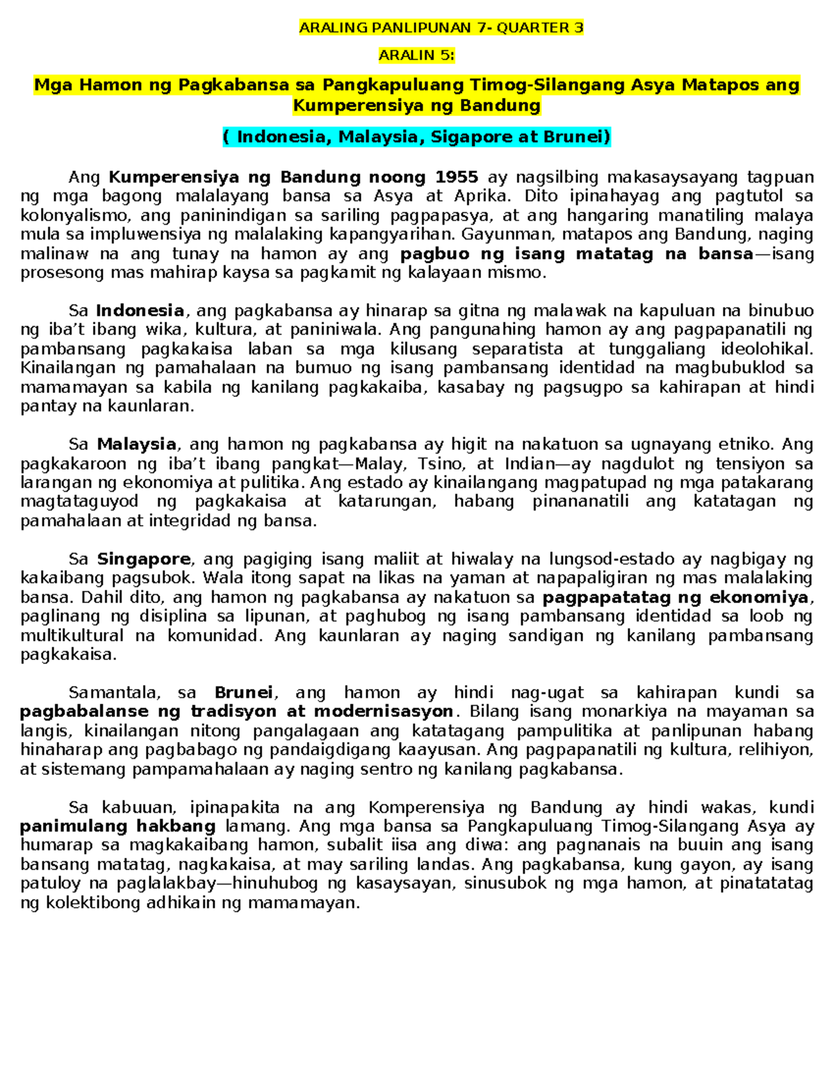 ARALING PANLIPUNAN QUARTER 3 ARALIN 5: Mga Hamon ng Pagkabansa sa ...