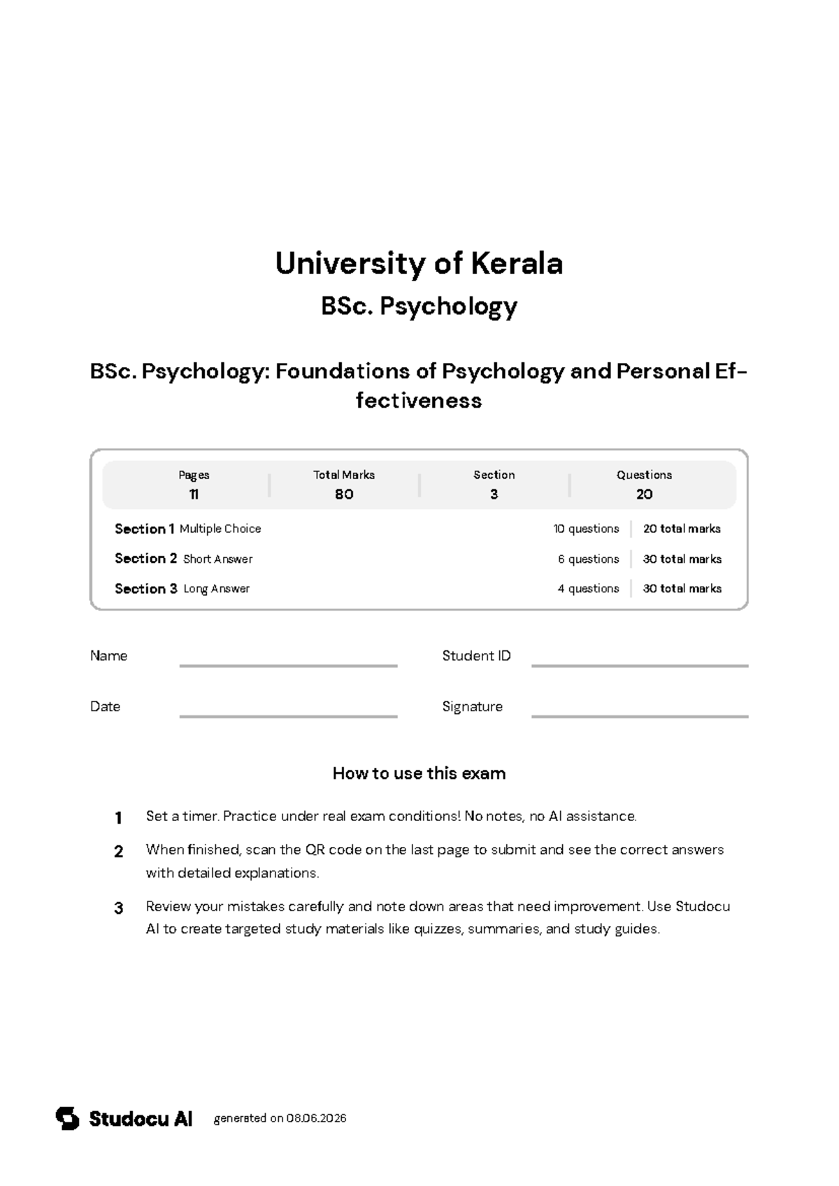 BSc. Psychology Final Exam: Foundations & Personal Effectiveness - Studocu