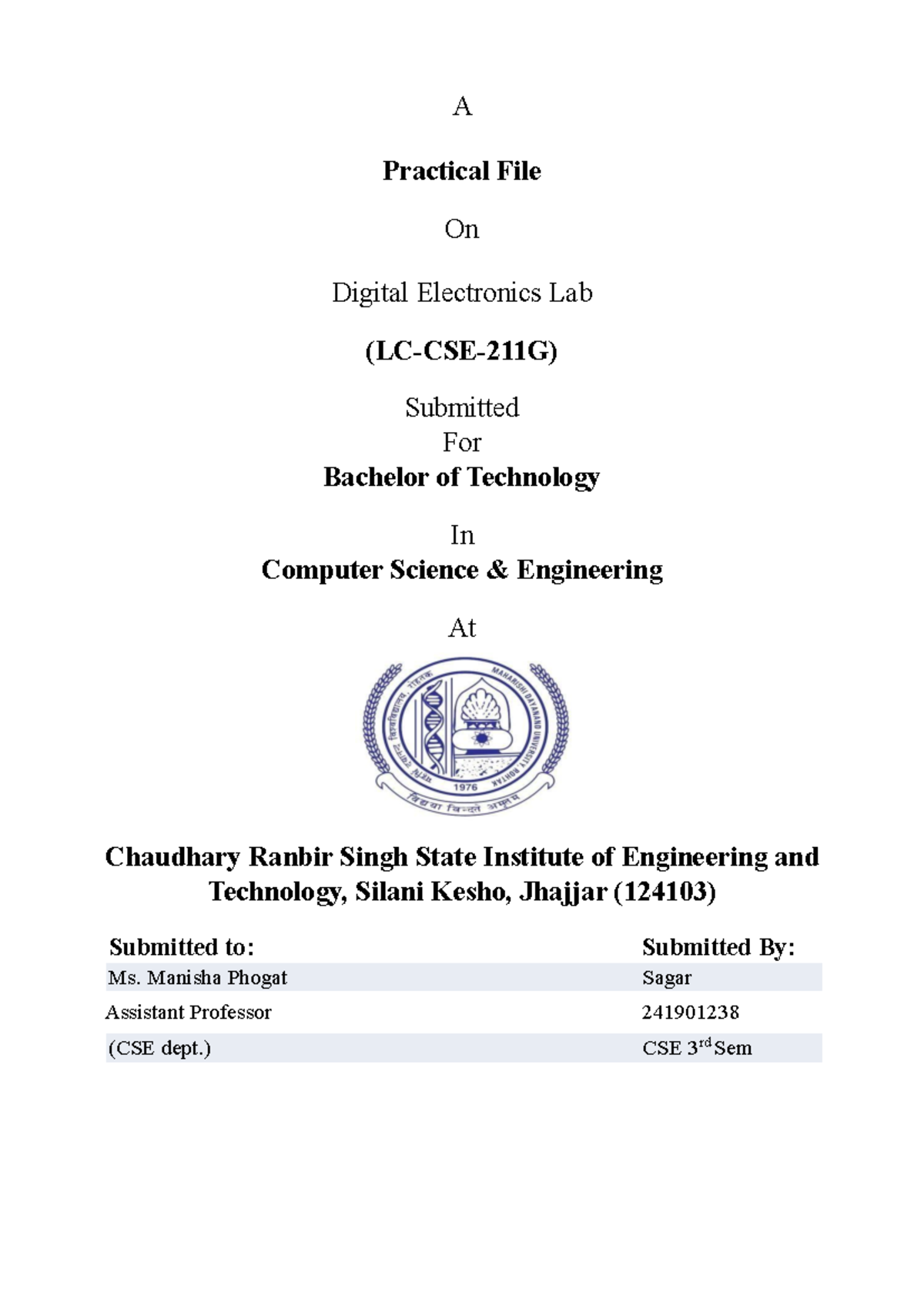 CSE 241901238 Digital Electronics Lab Practical Guide - Studocu