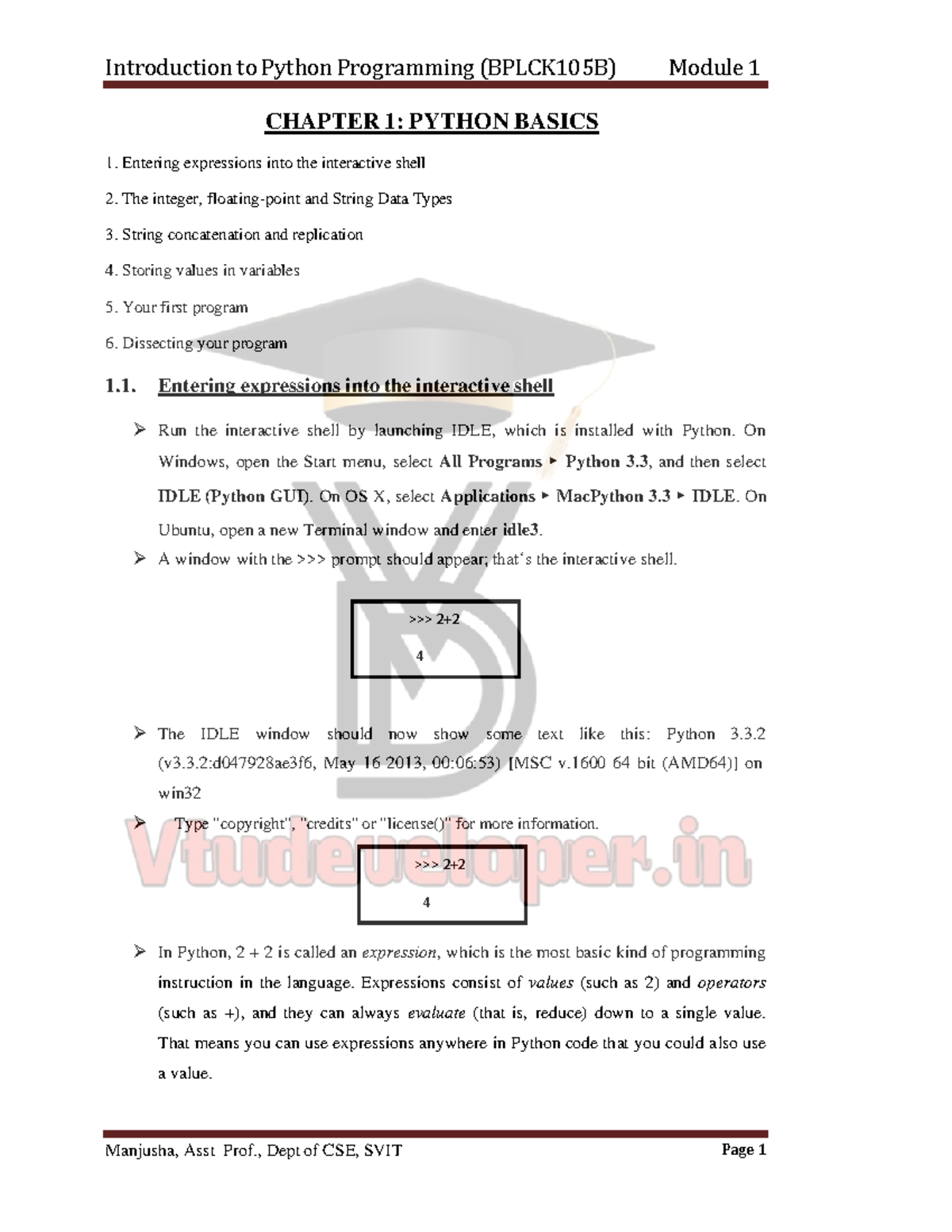 Introduction to Python Programming (BPLCK105B) Module 1: Basics - Studocu