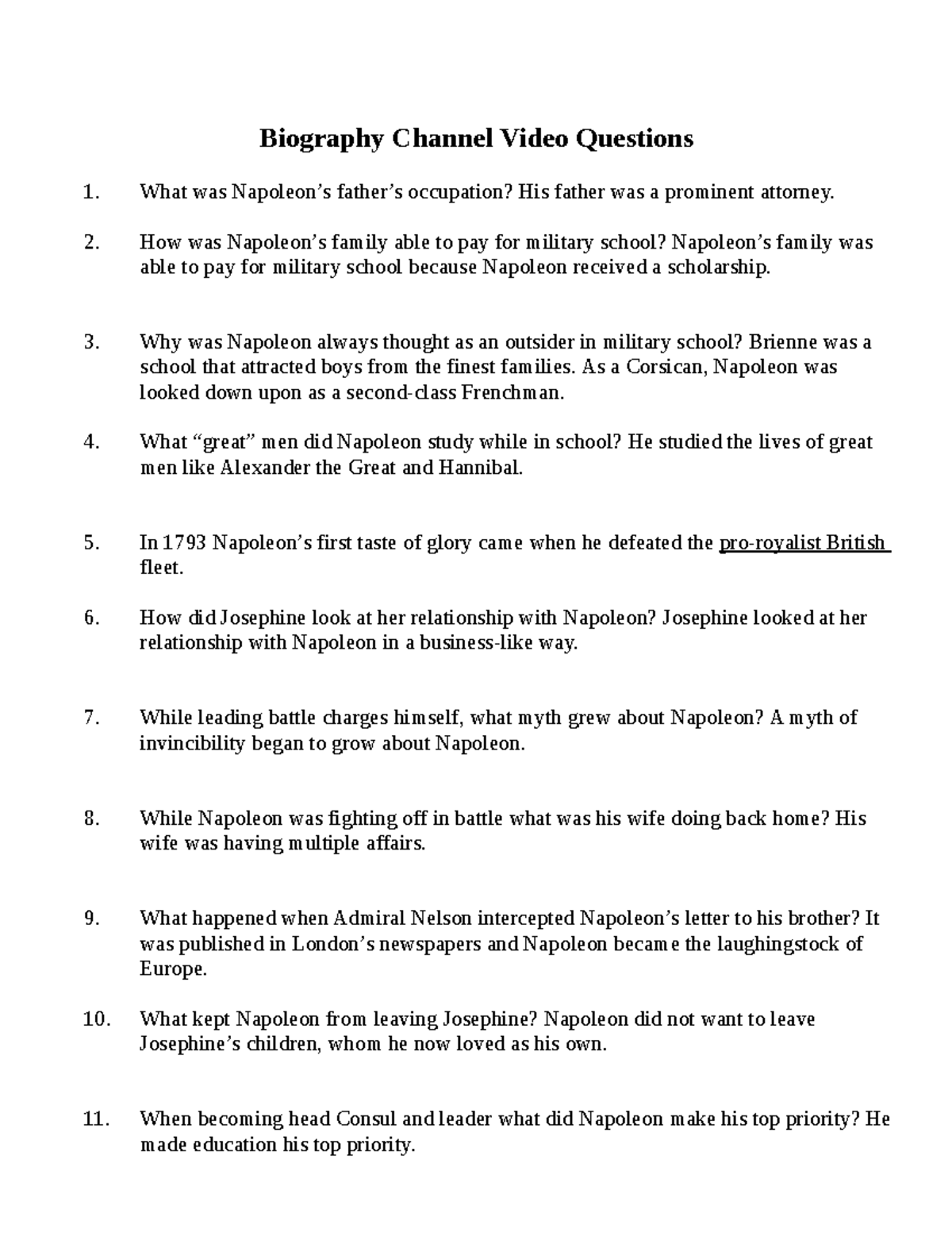 Napoleon Bonaparte: Biography Channel Video Questions 2 Notes - Studocu