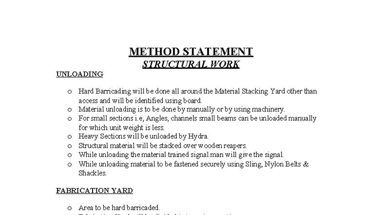 Method Statement for Unloading & Fabrication Works - Studocu