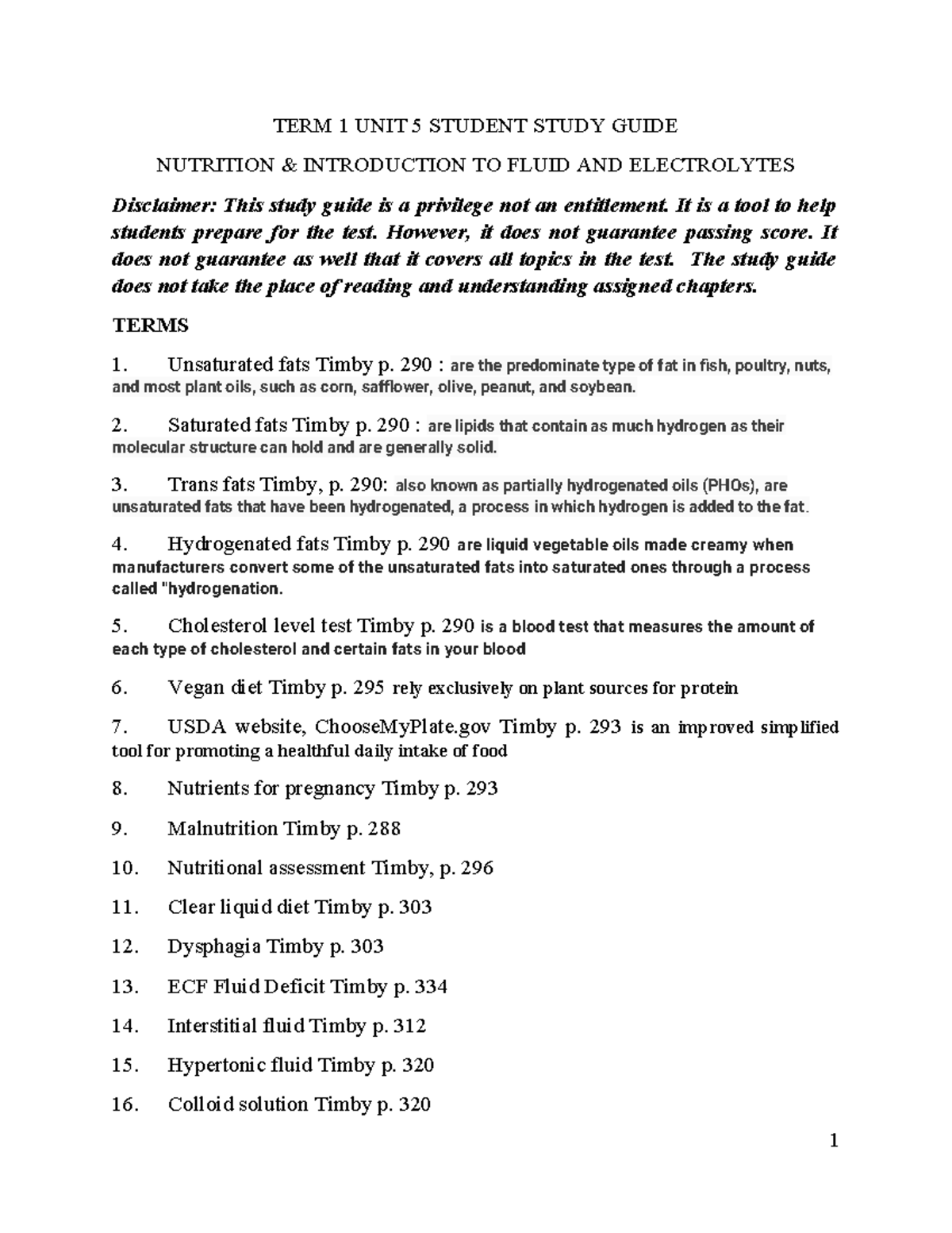 TERM 1 UNIT 5 STUDY GUIDE: NUTRITION & FLUID BALANCE - Studocu