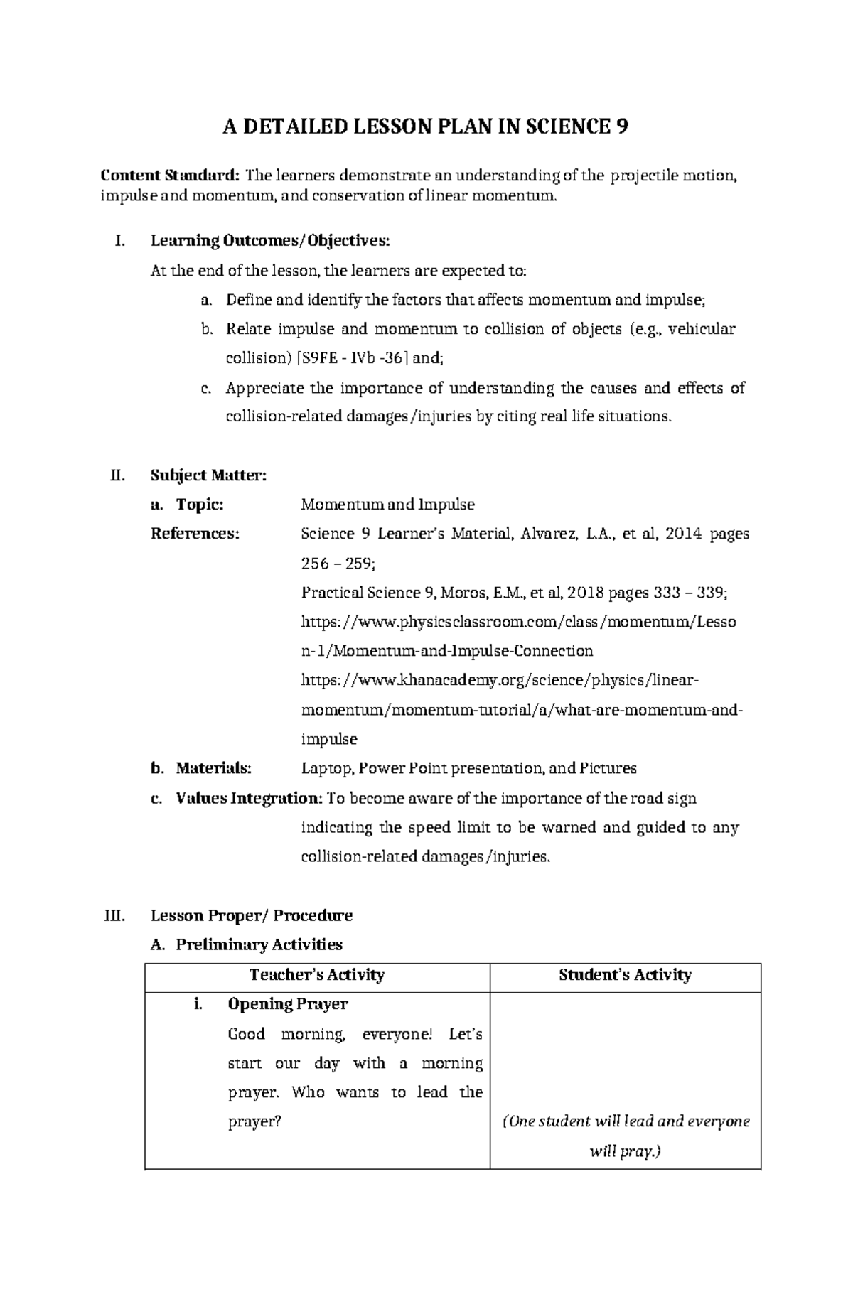 Science 9 Lesson Plan: Understanding Momentum & Impulse - Studocu