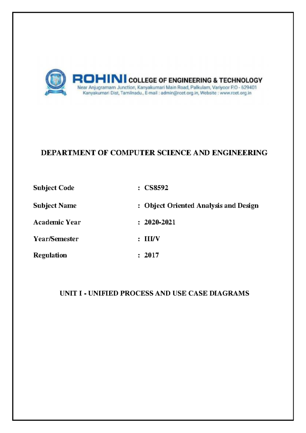 Unit-1 - DEPARTMENT OF COMPUTER SCIENCE AND ENGINEERING Subject Code ...