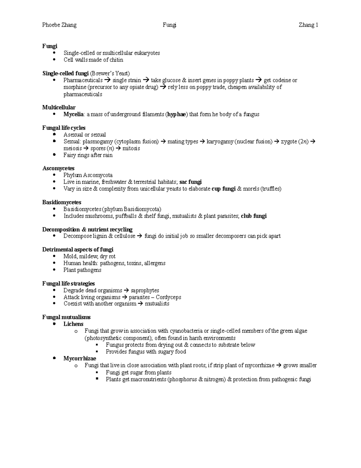 2. Fungi - Lecture notes Midterm 2 material - Phoebe Zhang Fungi Fungi ...